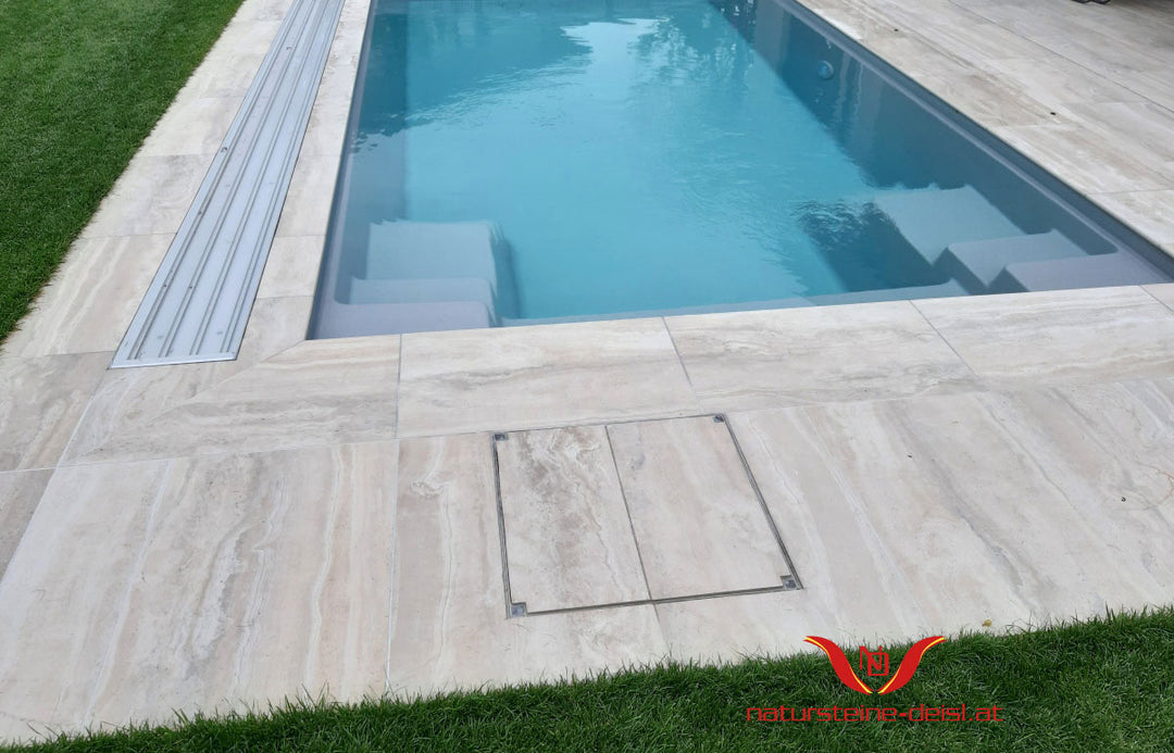 FEINSTEIN STEINOPTIK TRAVERTIN BEIGE VEIN CUT EXKLUSIV mit RUNDSTAB PO ...